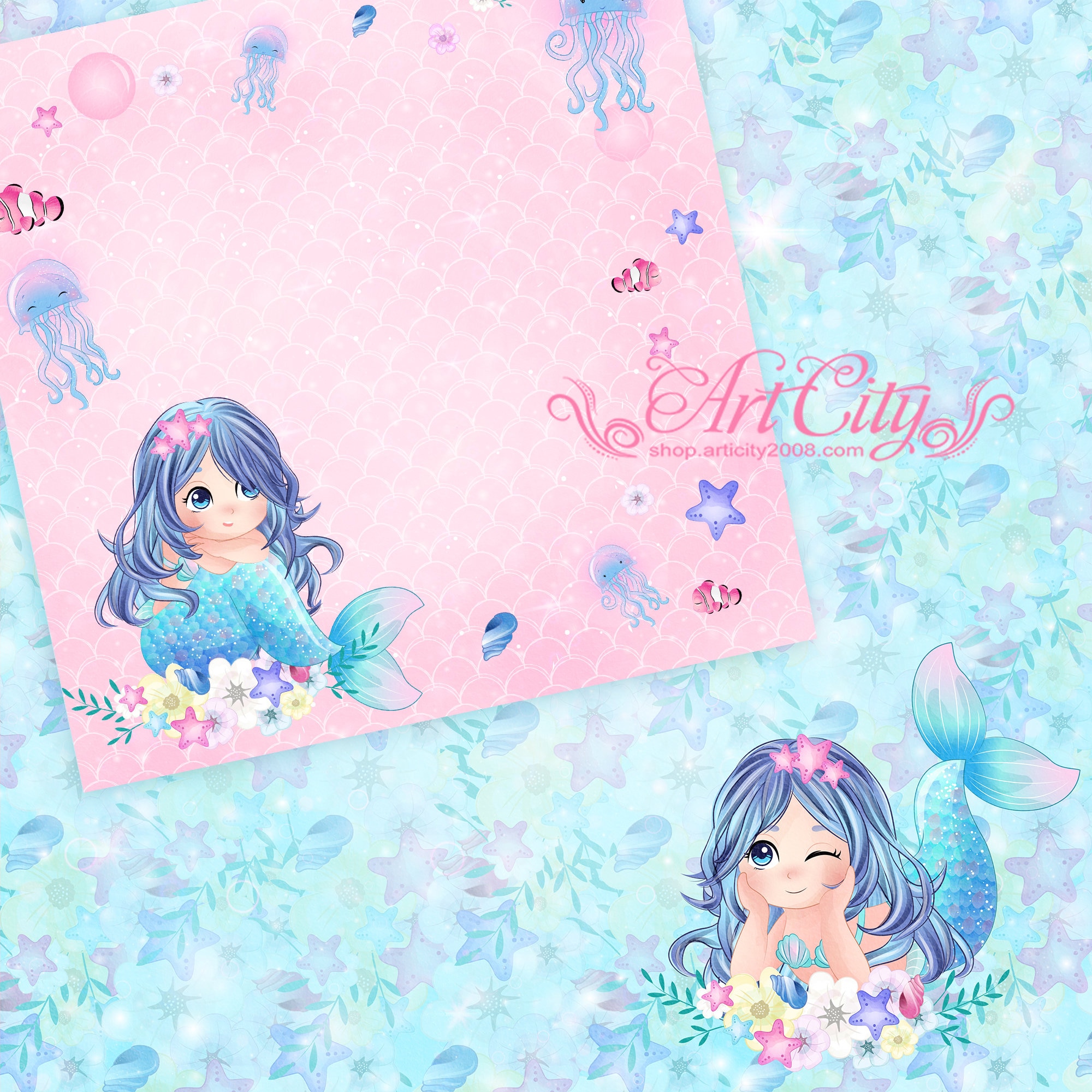 Little Mermaids Digital Paper Cute Children Collection Summer - Etsy