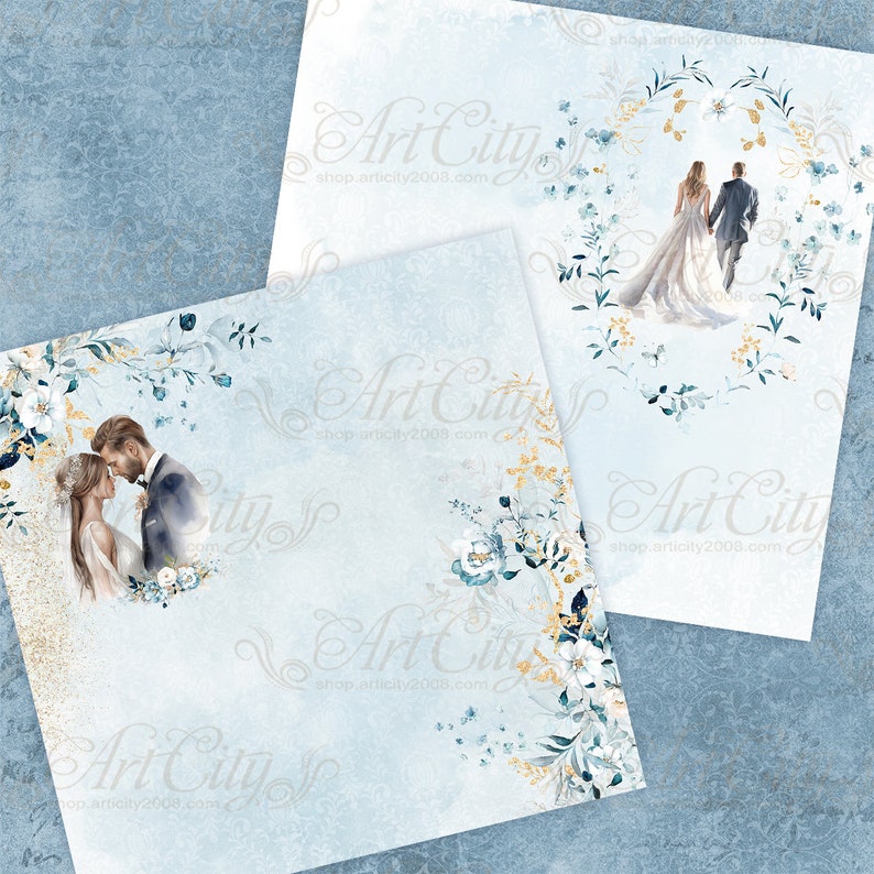 Bride and Groom Blue Wedding Digital Paper Golden Flower - Etsy