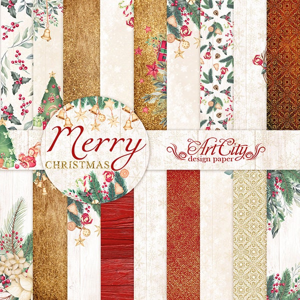 Christmas Digital Paper Red Gold Scrapbook Winter Background | Etsy