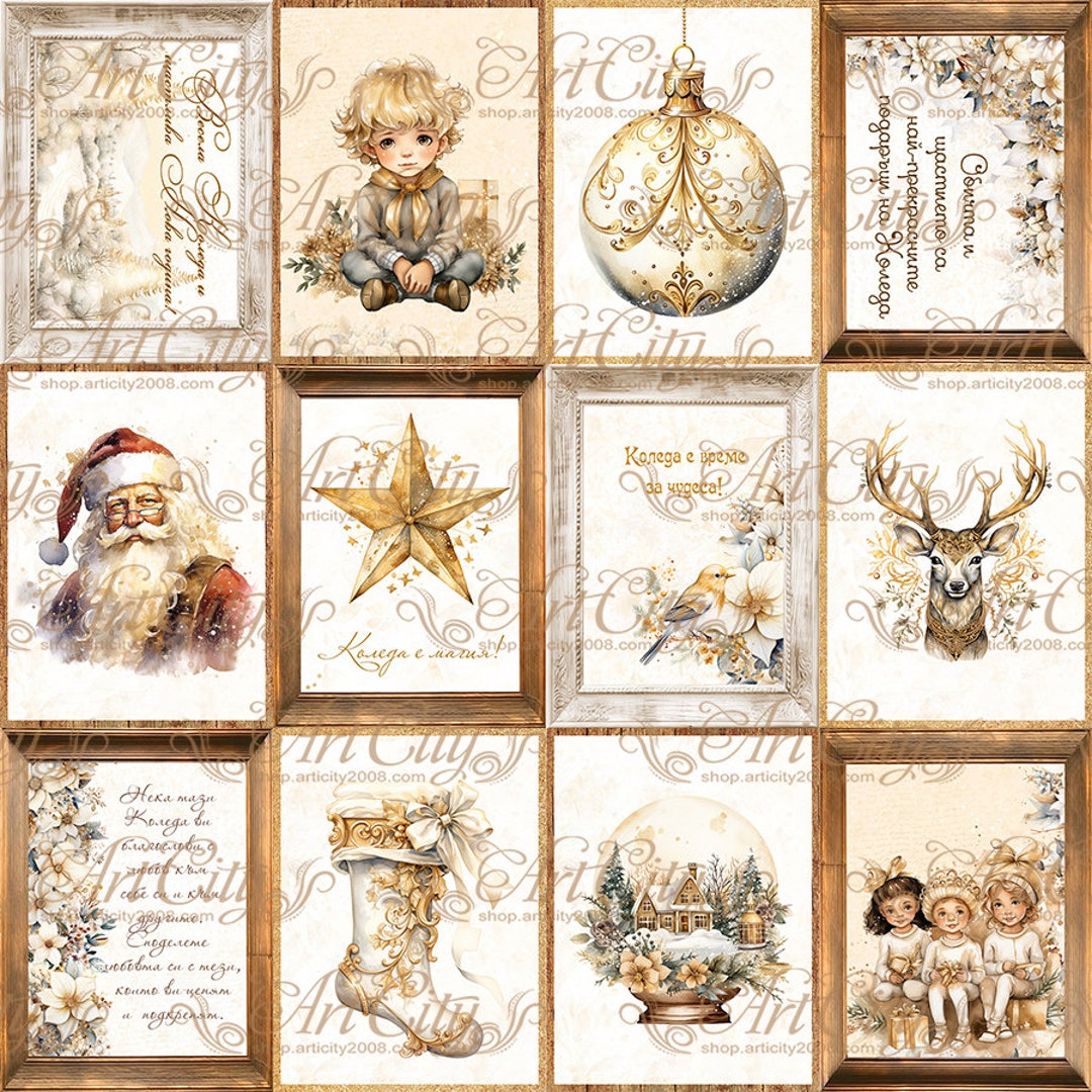 Christmas Digital Tags, Gold Xmas Mini Card, Winter Digital Paper ...