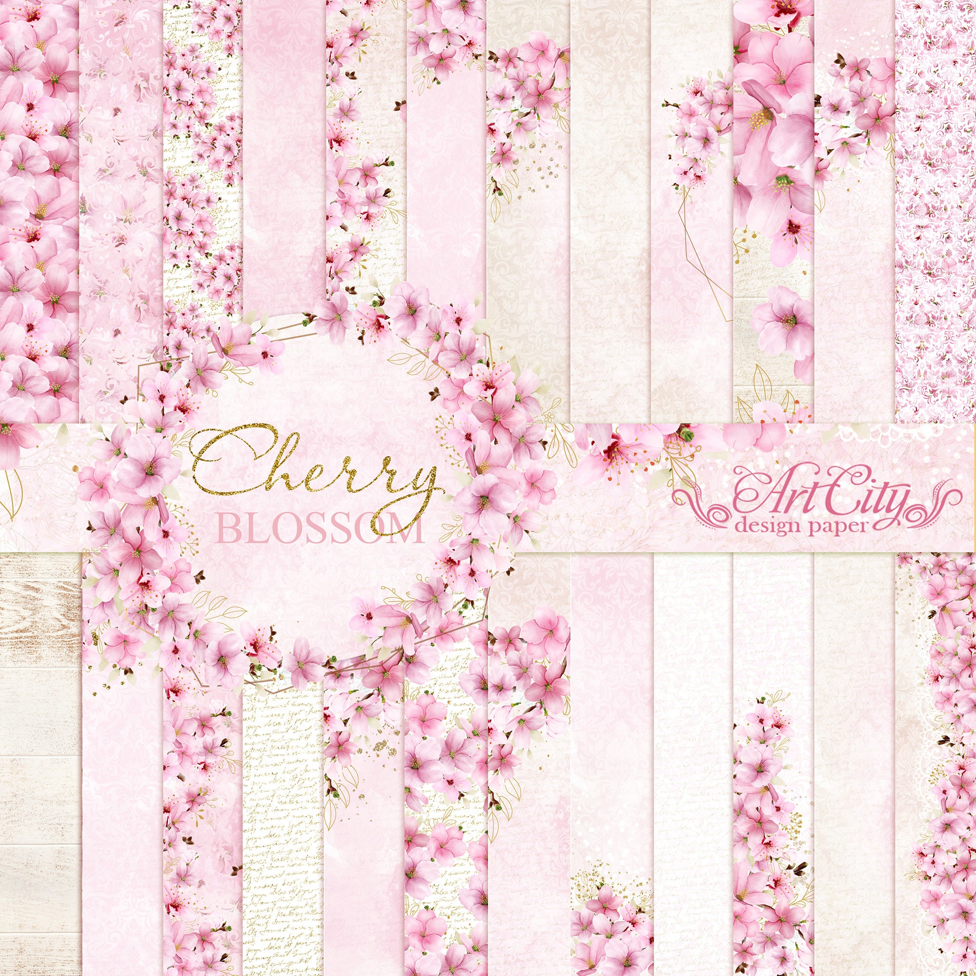Cherry Blossom Digital Paper Pack - Pink Floral Sakura Backgrounds for ...