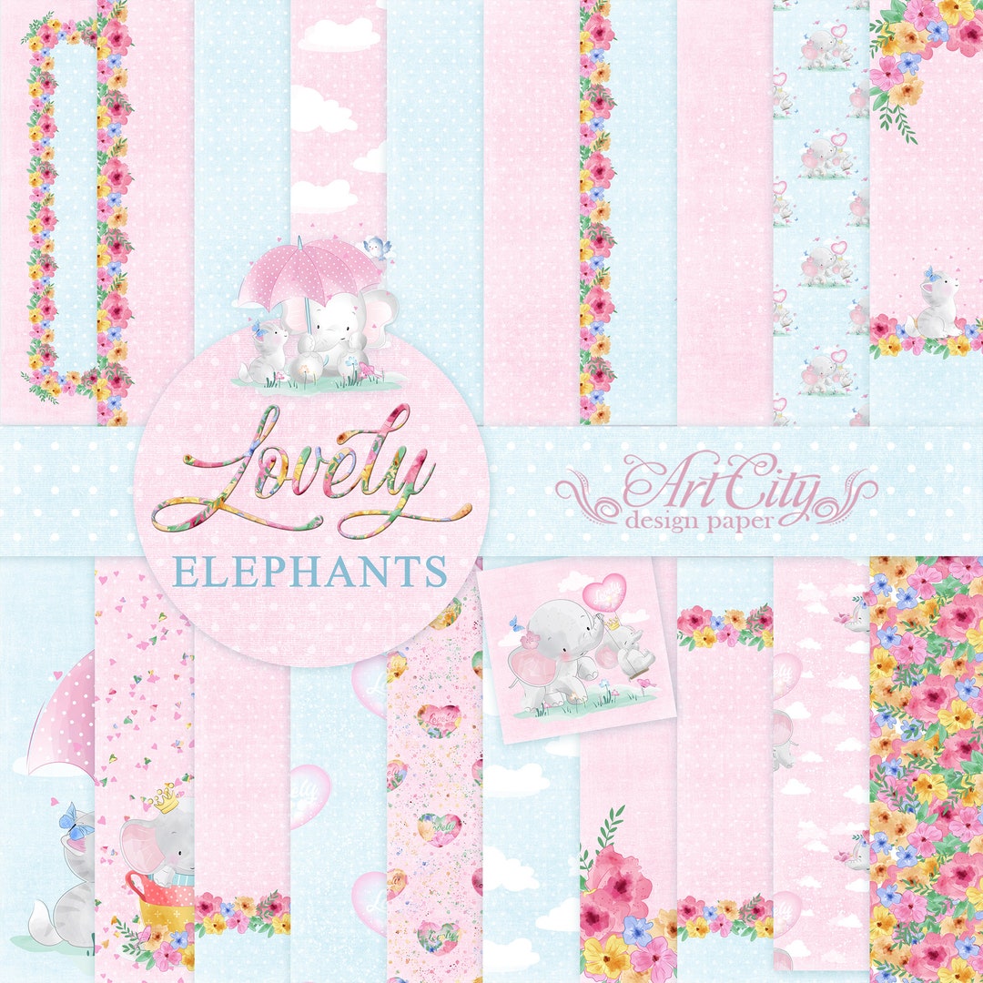 Lovely Elephants Digital Paper, Baby Girl Pink Elephant Scrapbook, Cute ...