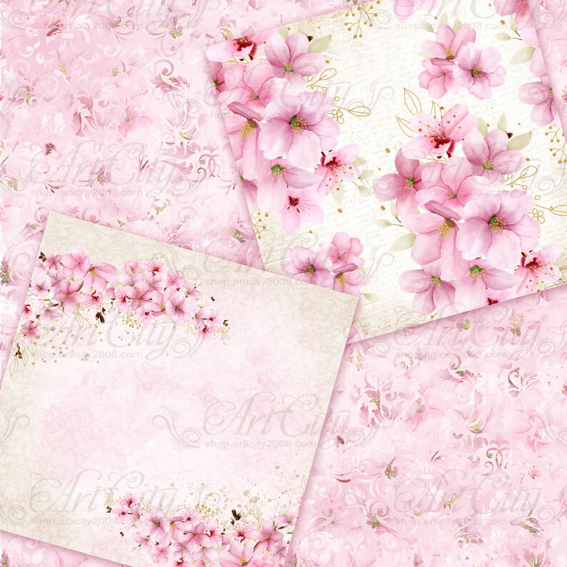 Cherry Blossom Digital Paper Pack - Pink Floral Sakura Backgrounds for ...