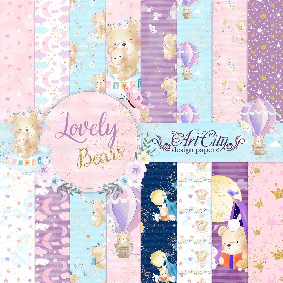 Baby Digital Paper Teddy Bear Scrapbook Purple Background Children Pink ...