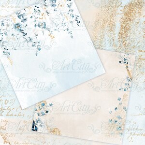 Blue Garden Digital Paper Pack, Elegant Light Blue and Gold Floral ...