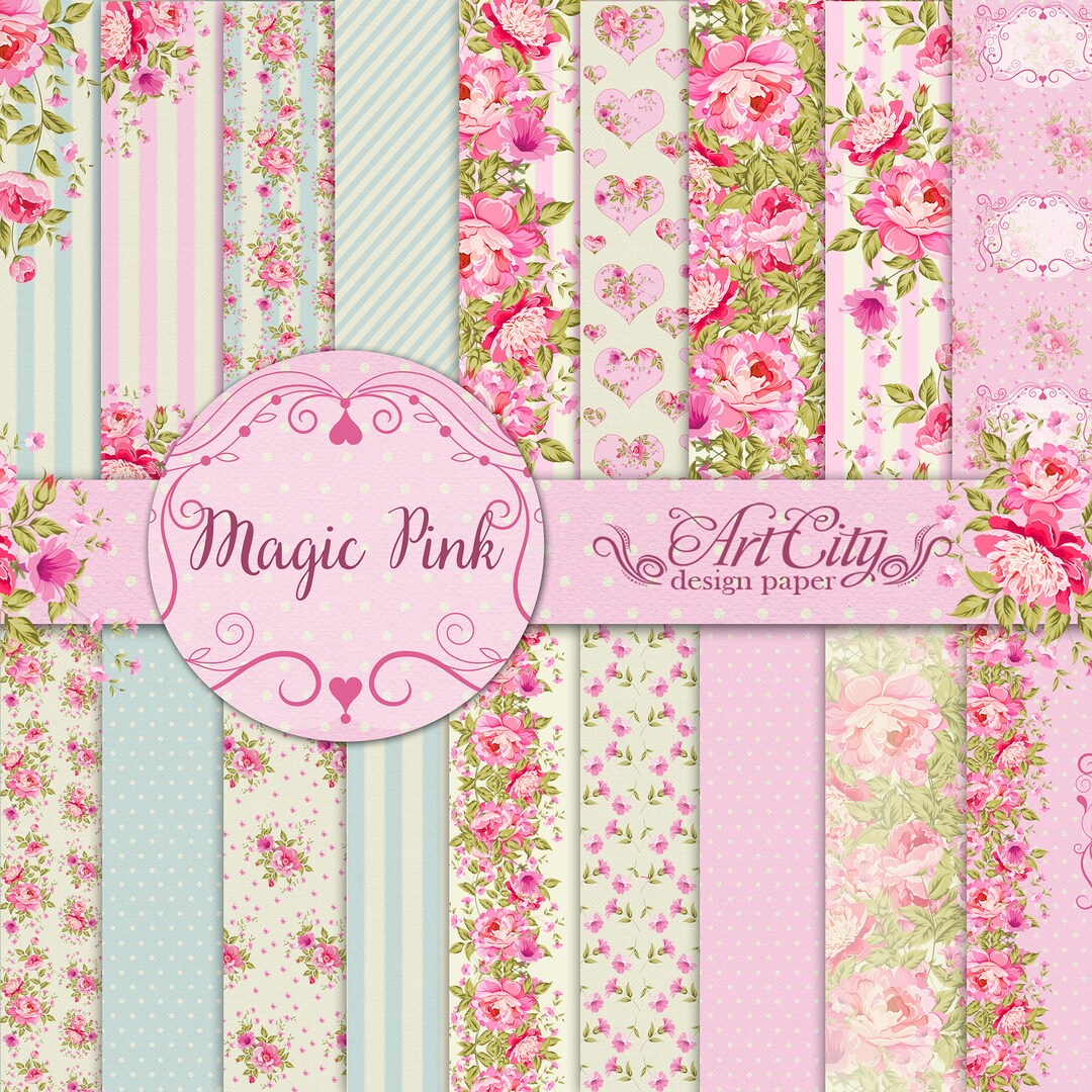 Shabby Chic Floral Digital Paper, Pink Rose Backgrounds, Vintage ...