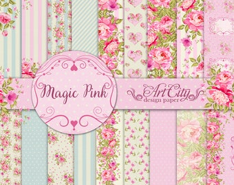 Flower Digital Paper Pink Background Love Scrapbook Bike | Etsy