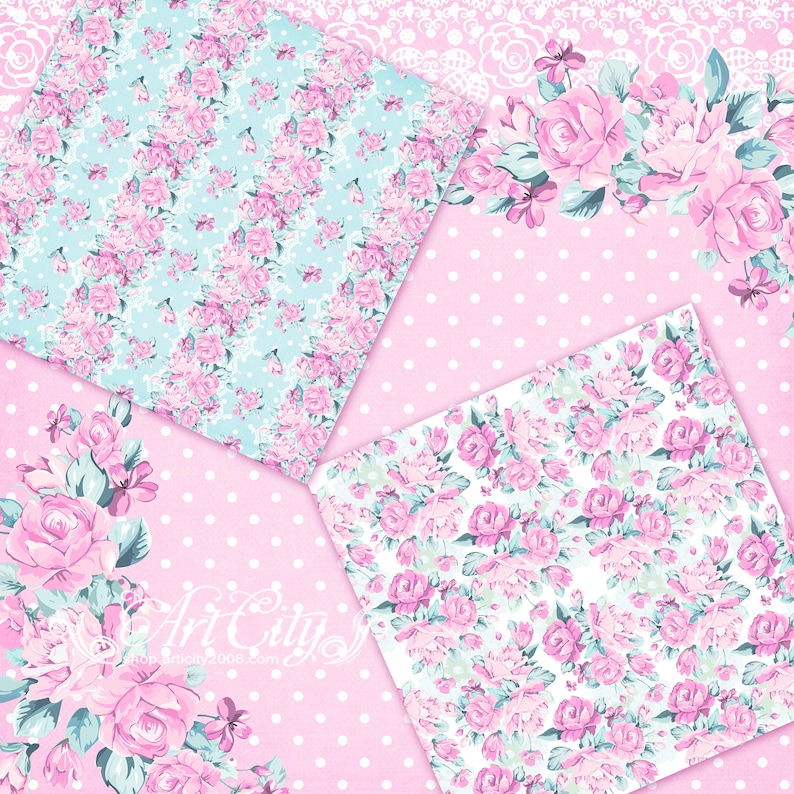 Fresh Pink and Mint Digital Paper Flower Scrapbook Background - Etsy