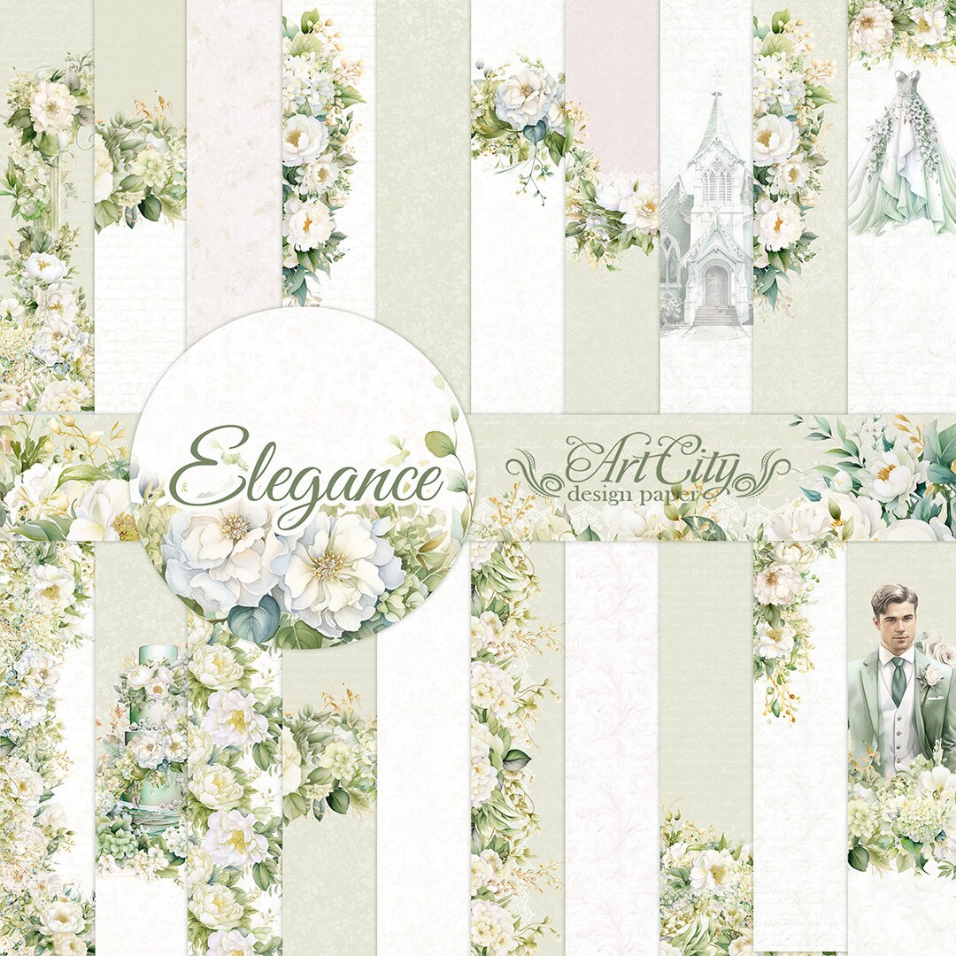 Elegant Pastel Green Wedding Digital Paper Set With Floral and Romantic ...