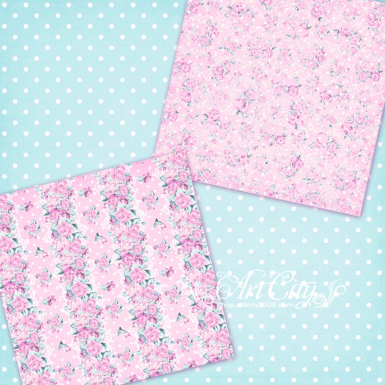 Fresh Pink and Mint Digital Paper Flower Scrapbook Background - Etsy