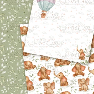 Sweet Baby Elephant Digital Paper Pack - Green, Beige, and Soft Pastel ...