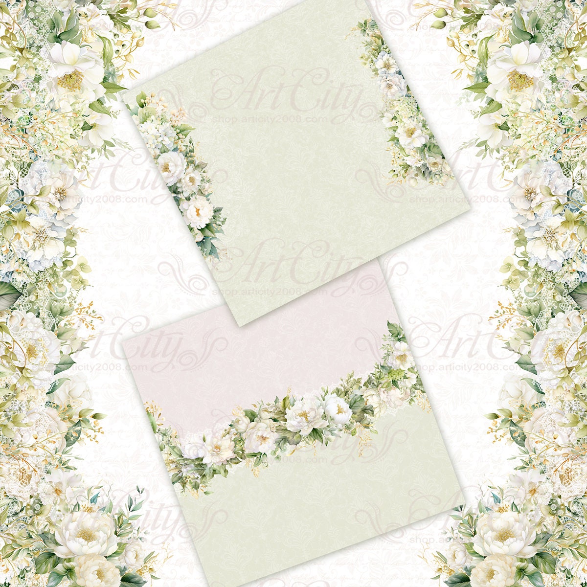 Elegant Pastel Green Wedding Digital Paper Set With Floral and Romantic ...