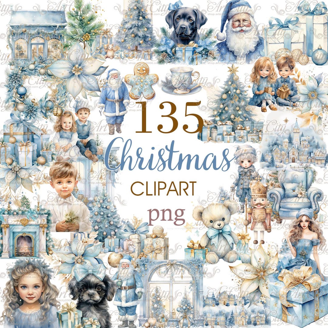 Christmas Clipart Set, Blue Winter PNG, Holiday Digital Illustrations ...