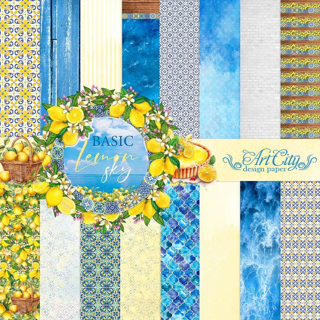 Basic Lemon Digital Paper Mediterranean Scrapbook Summer Background ...