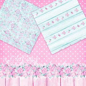Fresh Pink and Mint Digital Paper Flower Scrapbook Background Floral ...