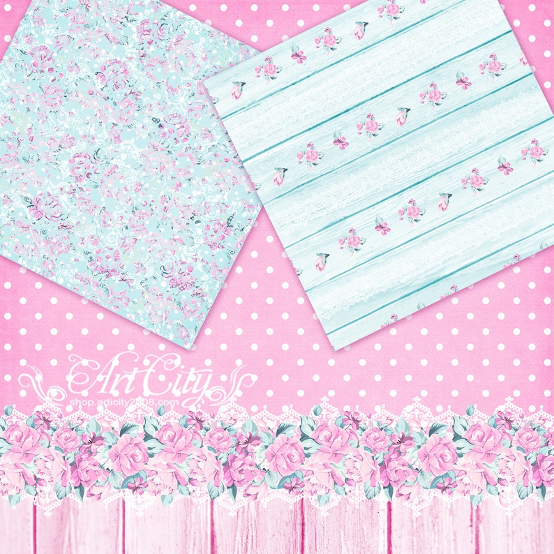 Fresh Pink and Mint Digital Paper Flower Scrapbook Background - Etsy