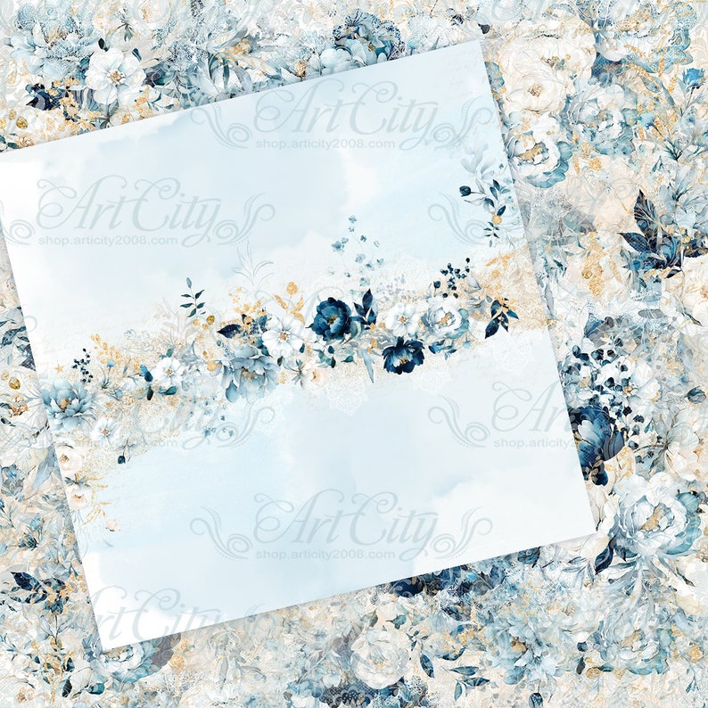 Blue Garden Digital Paper Pack, Elegant Light Blue and Gold Floral ...