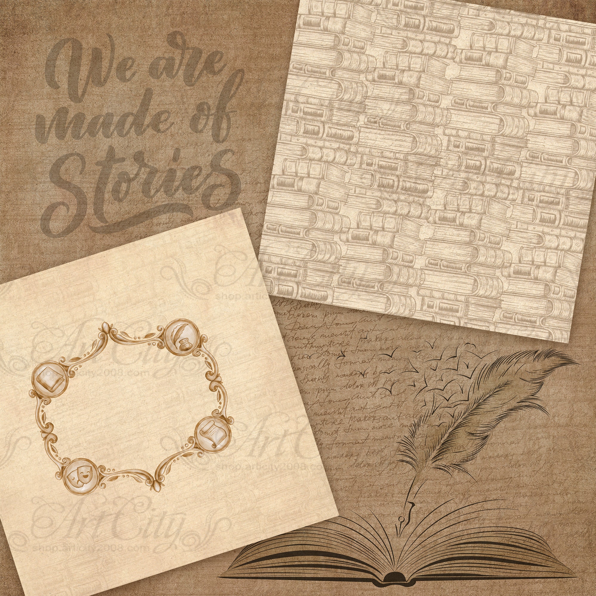 Books Digital Paper Pack - Vintage Library and Typewriter Scrapbook ...