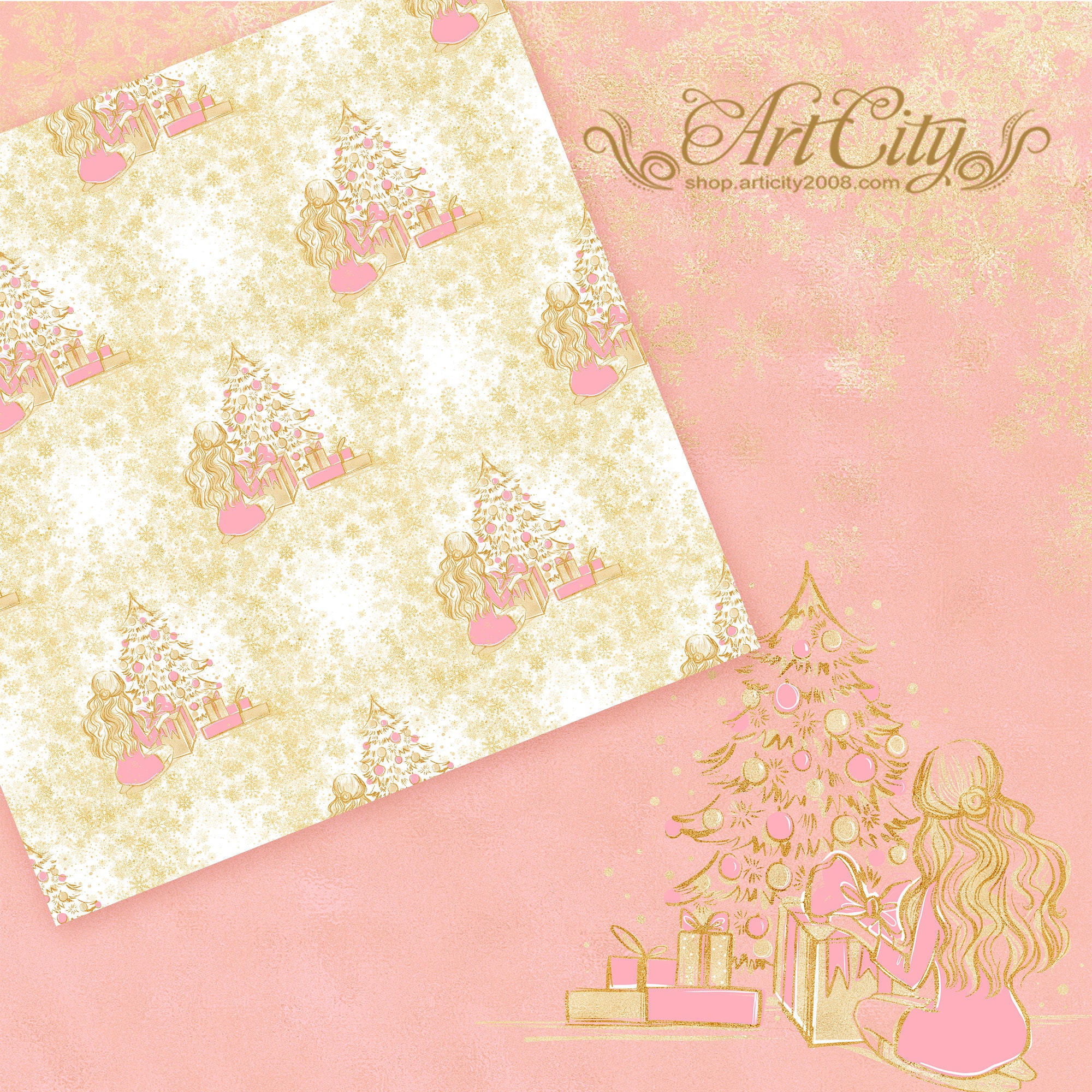 Christmas Digital Paper Rose Gold Scrapbook Winter Background | Etsy