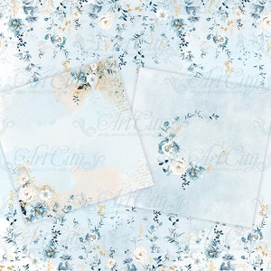 Blue Garden Digital Paper Pack, Elegant Light Blue and Gold Floral ...