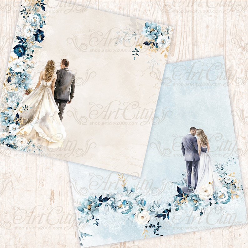 Bride and Groom Blue Wedding Digital Paper Golden Flower - Etsy
