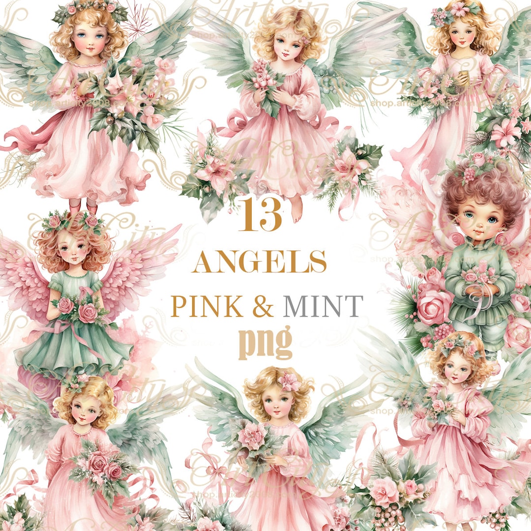 Pink and Mint Christmas Angel Digital Clipart Watercolor Children ...