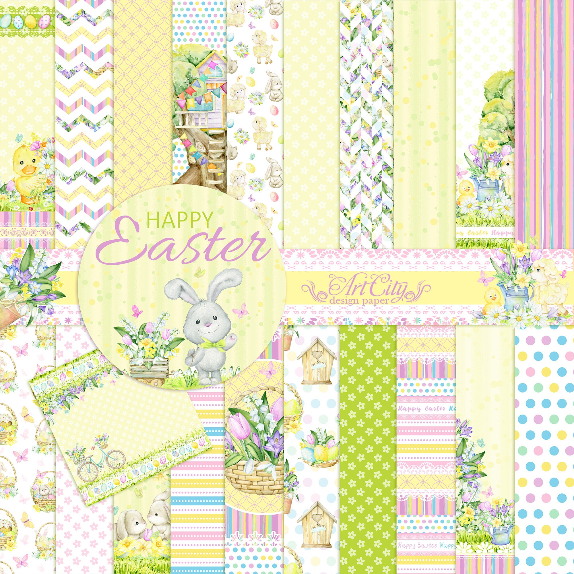 Happy Easter Digital Paper Spring Scrapbook Background Bunny | Etsy