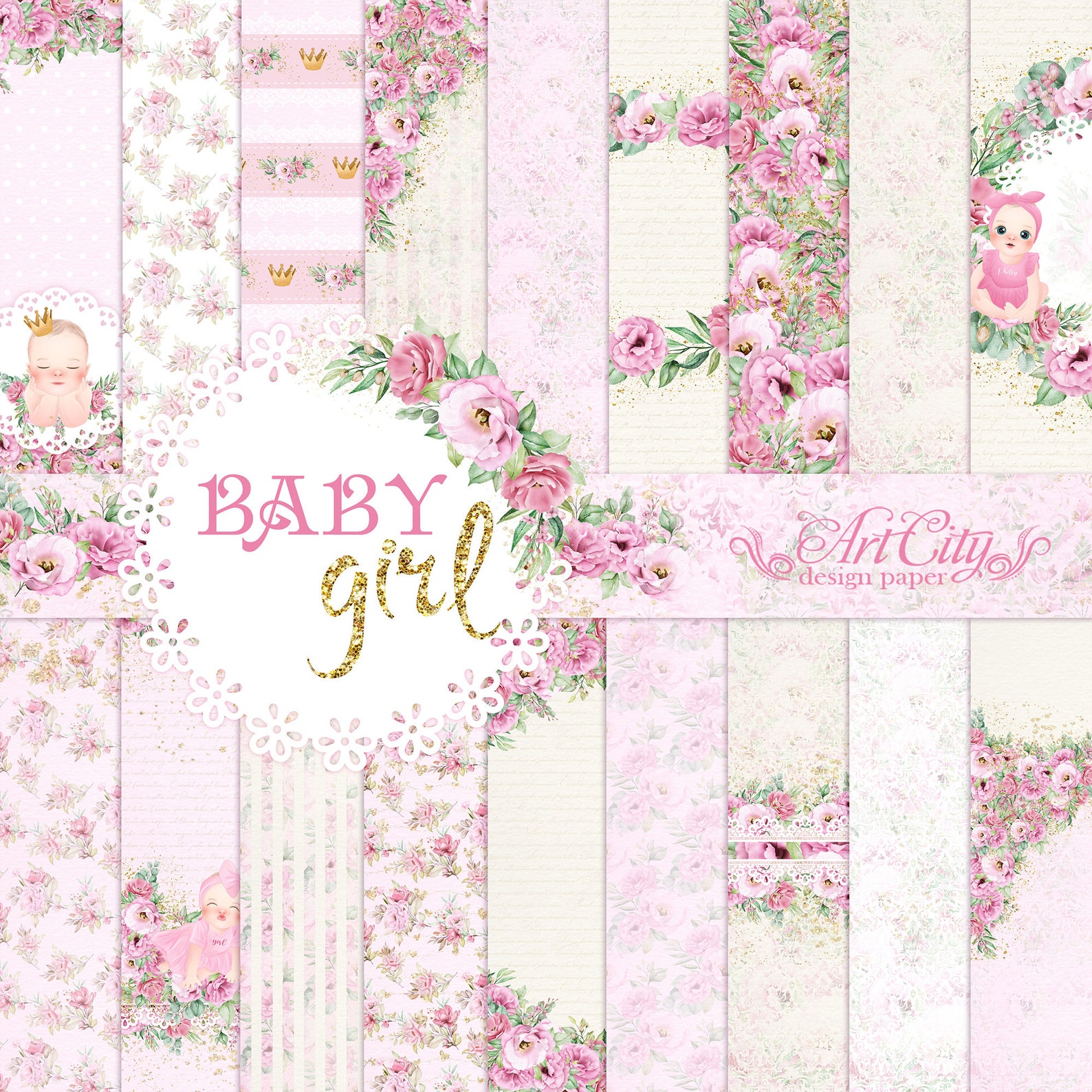 Baby Girl Digital Paper - Pink Floral and Gold Princess Scrapbook ...