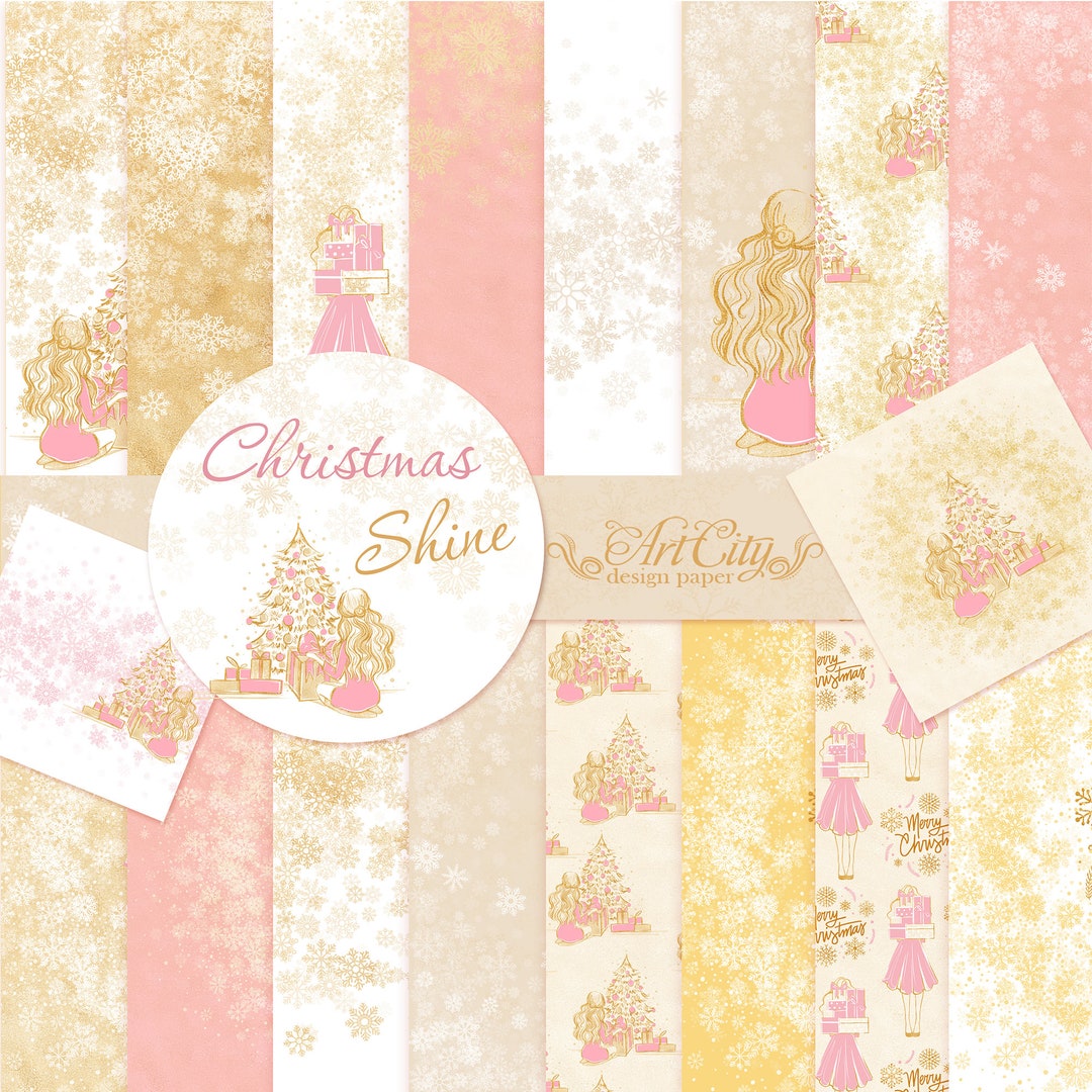Christmas Digital Paper Rose Gold Scrapbook Winter Background Shine ...