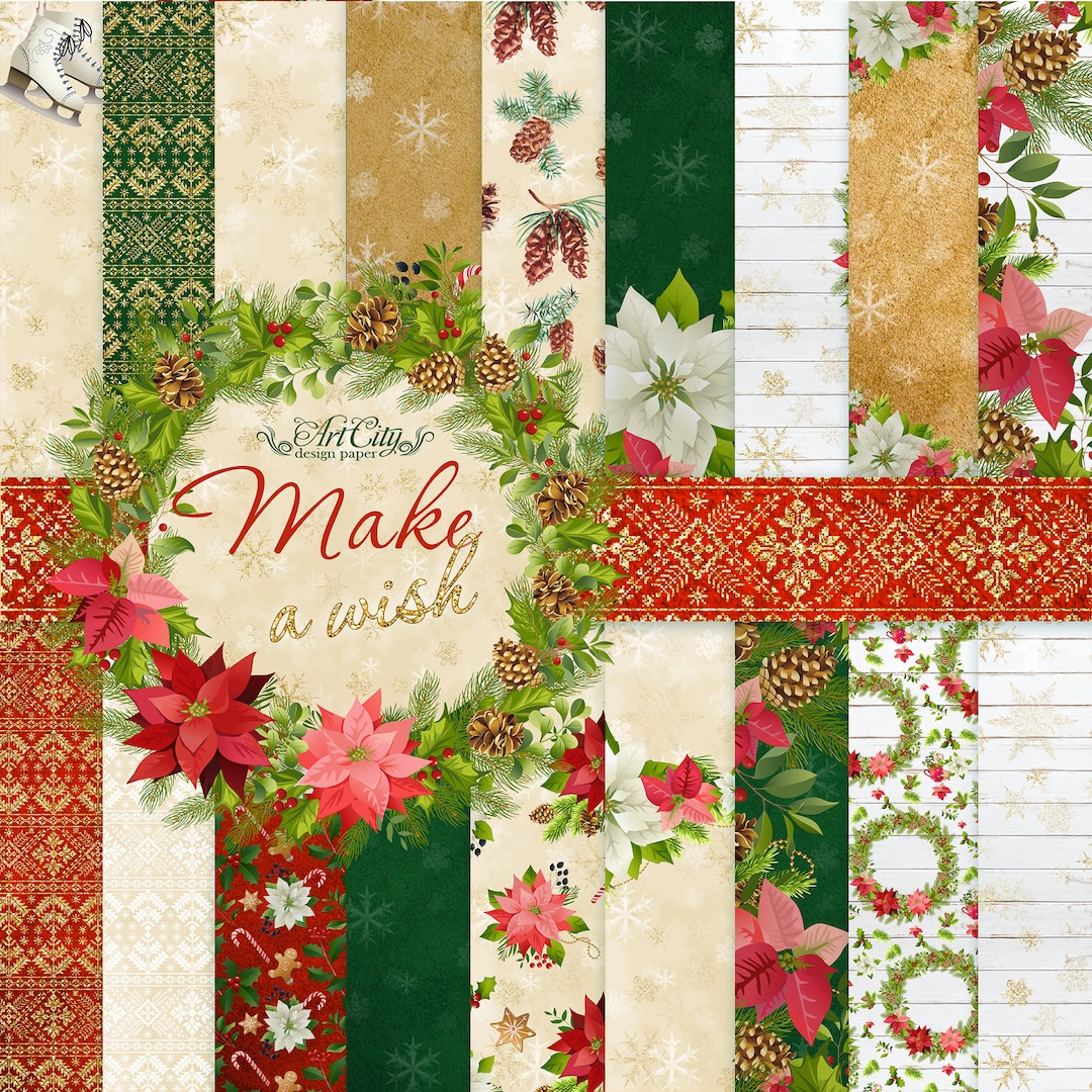 Make a Wish Digital Paper, Red and Green Christmas Scrapbook, Festive ...