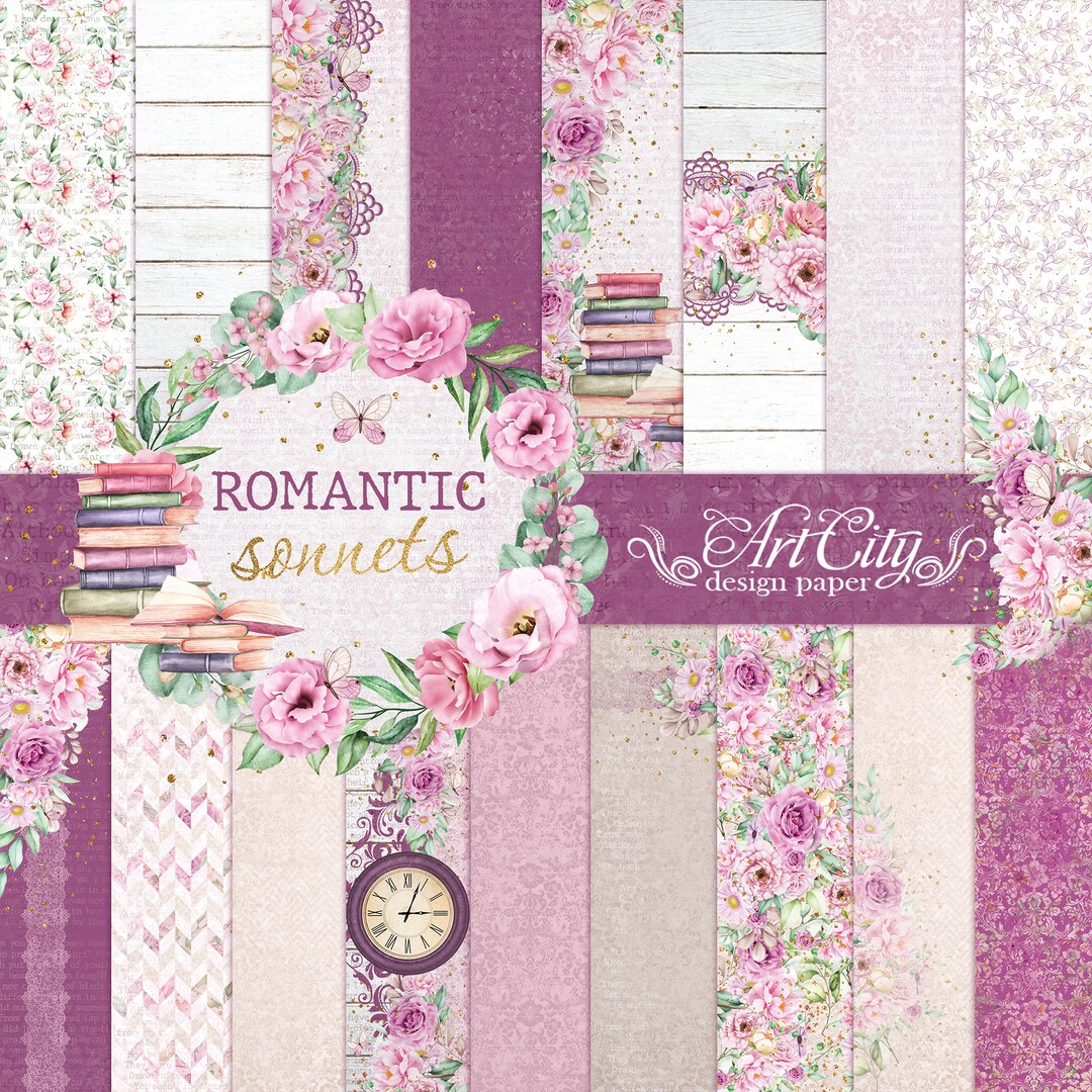 Romantic Sonnets Digital Paper - Vintage Purple & Pink Floral Scrapbook ...