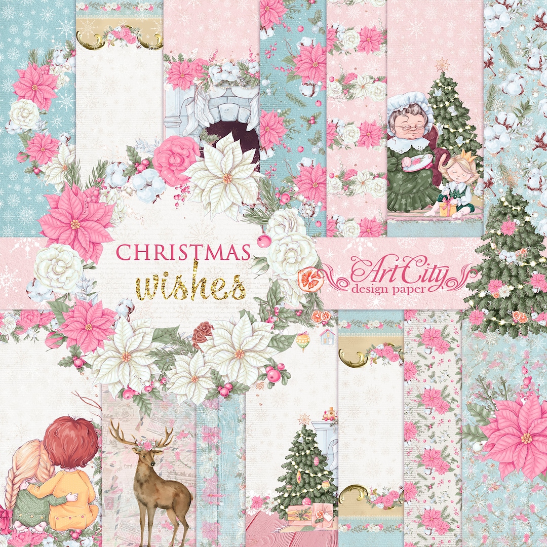 Sweet Christmas Digital Paper Tree Scrapbook Wood Deer Background Pink ...