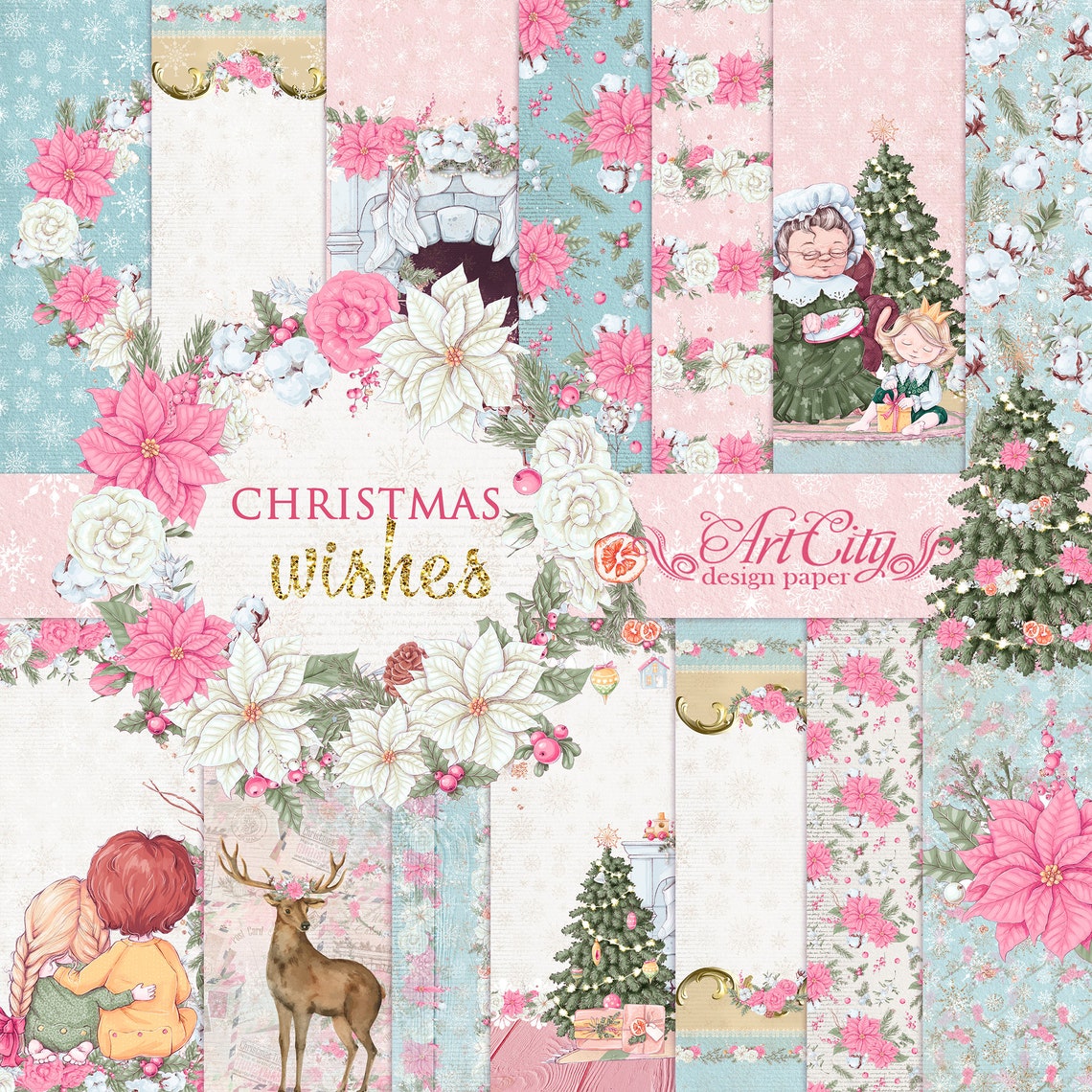 Sweet Christmas Digital Paper Tree Scrapbook Wood Deer Background Pink ...