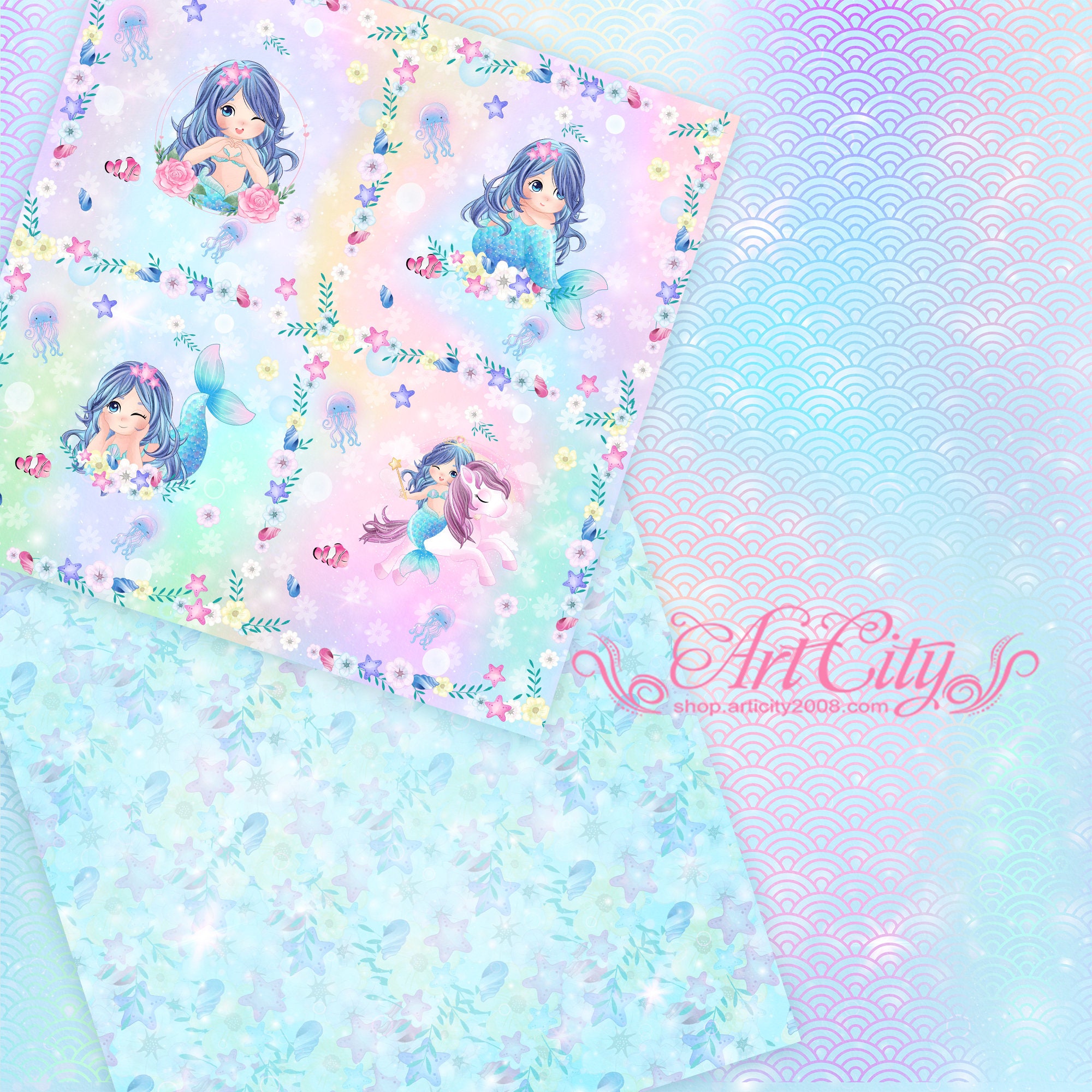 Little Mermaids Digital Paper Cute Children Collection Summer - Etsy