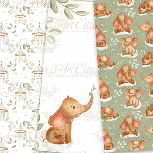 Sweet Baby Elephant Digital Paper Pack - Green, Beige, and Soft Pastel ...