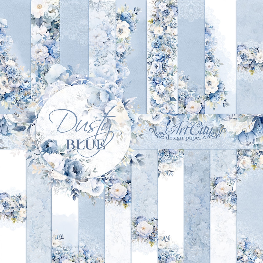 Dusty Blue Digital Floral Scrapbook Paper Pack – Elegant Vintage ...