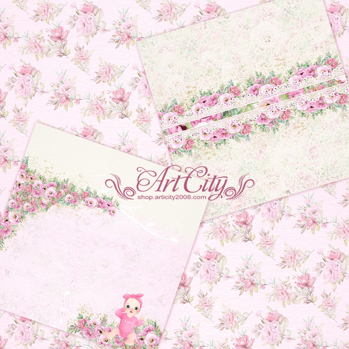 Baby Girl Digital Paper - Pink Floral and Gold Princess Scrapbook ...