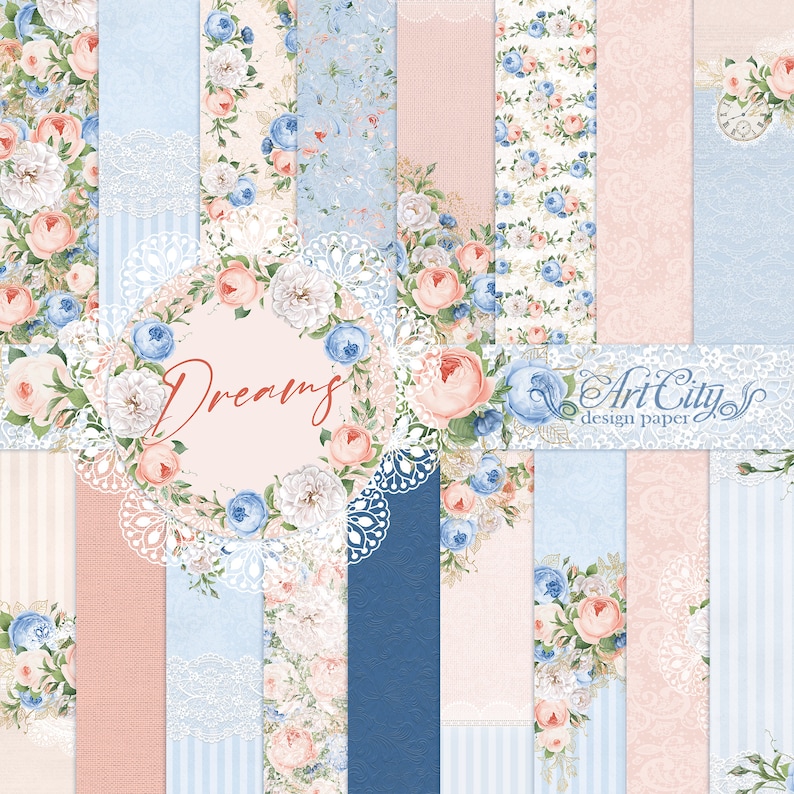 Floral Dreams Digital Paper Pack - Soft Peach and Blue Roses, Vintage ...