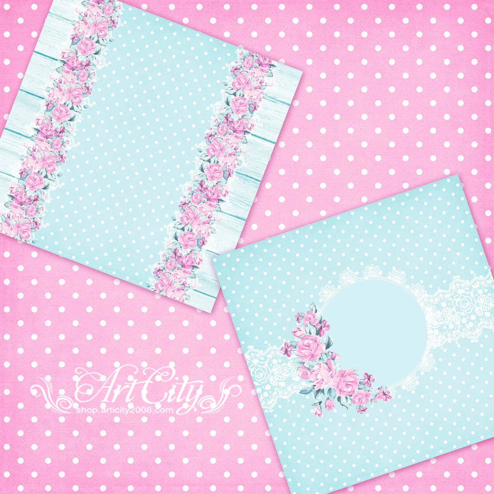 Fresh Pink and Mint Digital Paper Flower Scrapbook Background - Etsy