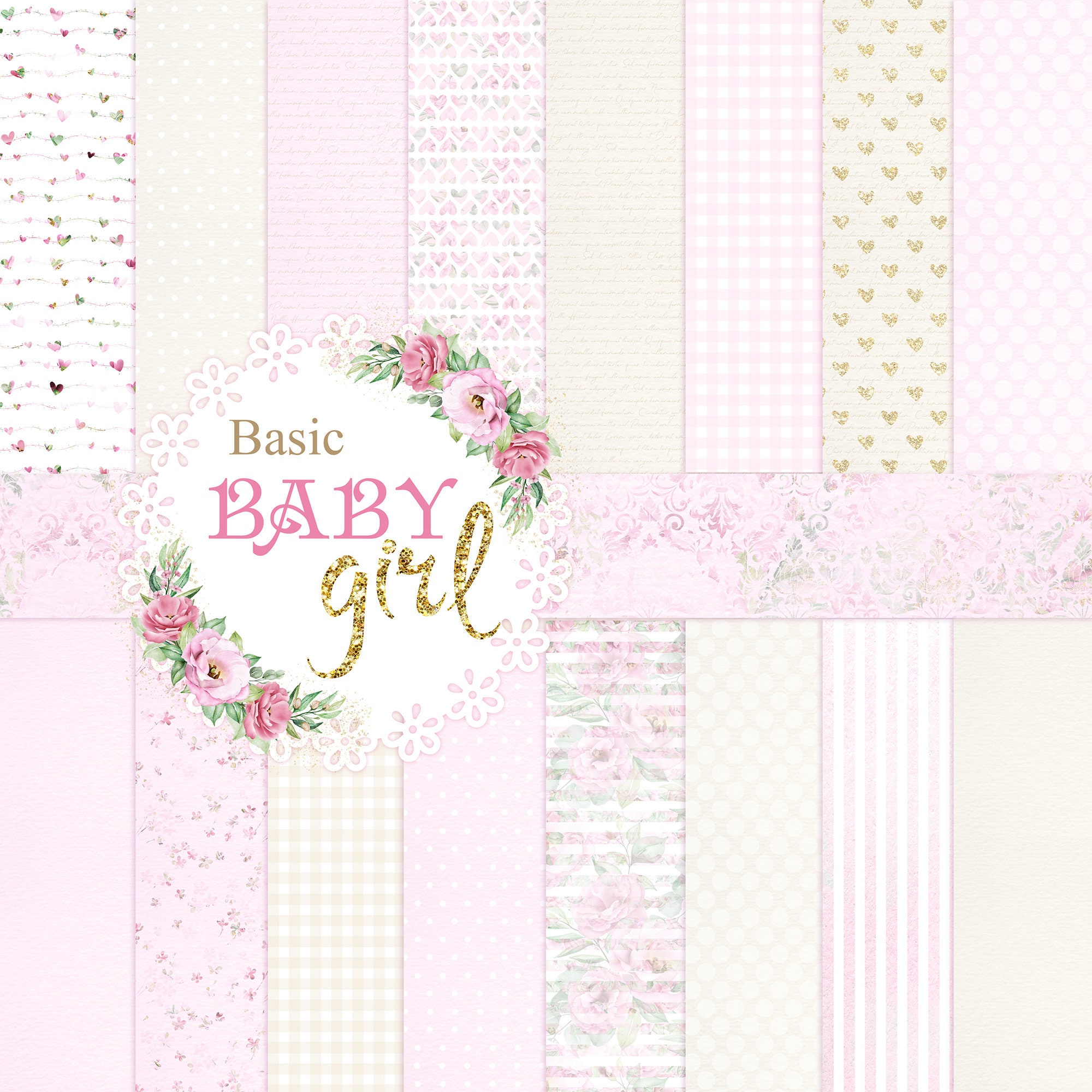 Baby Girl Digital Paper - Soft Pink and Gold Newborn Scrapbook ...