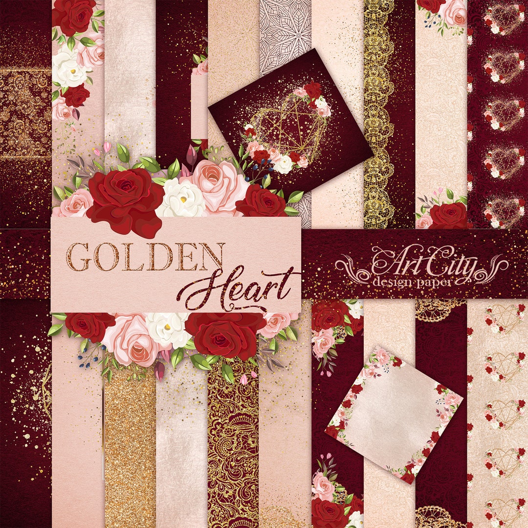 Golden Heart Digital Paper, Red and Gold Wedding Scrapbook, Luxury ...