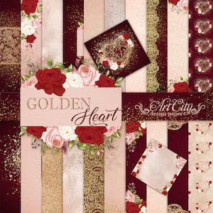 Golden Heart Digital Paper, Red and Gold Wedding Scrapbook, Luxury ...