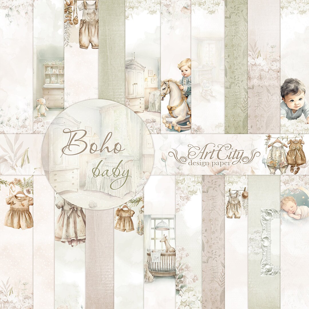 Boho Baby Nursery Scrapbook Papers - Beige, Green, Neutral Floral Baby ...