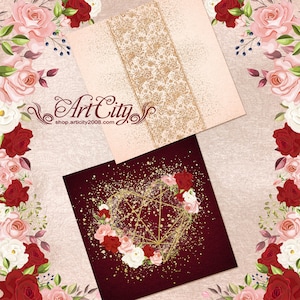 Golden Heart Digital Paper, Red and Gold Wedding Scrapbook, Luxury ...