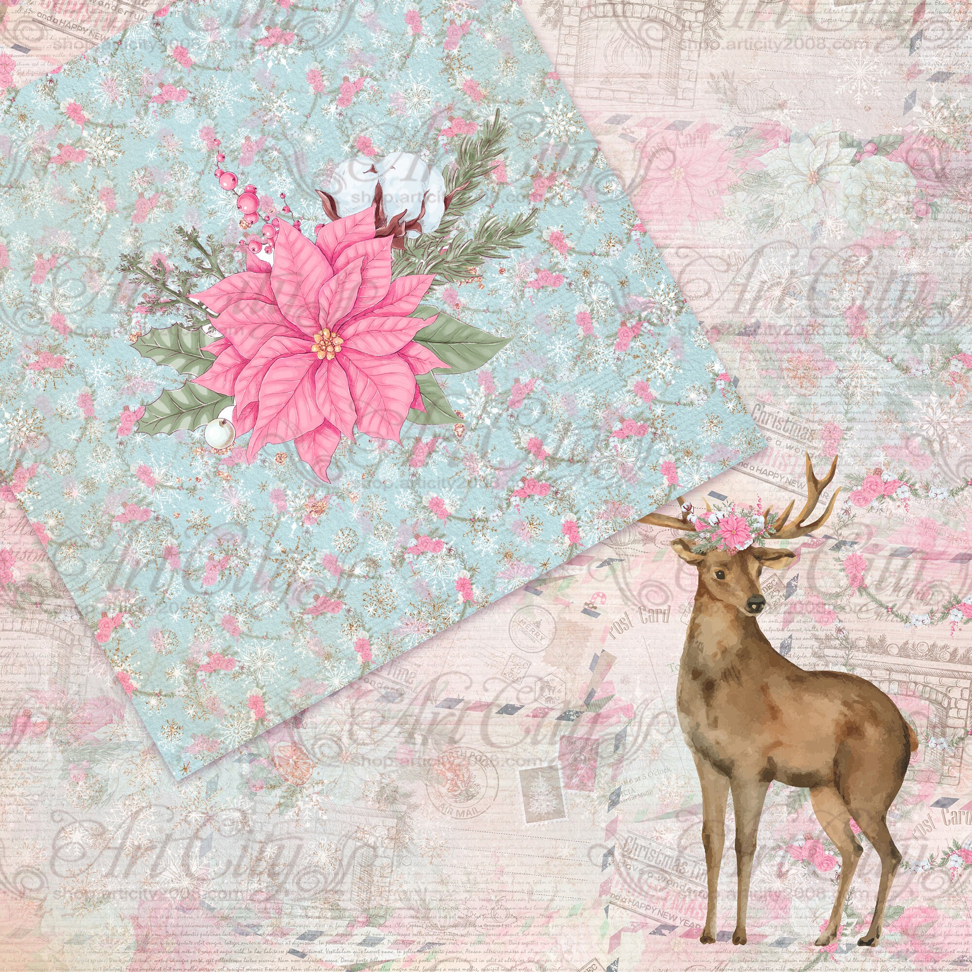 Sweet Christmas Digital Paper Tree Scrapbook Wood Deer Background Pink ...