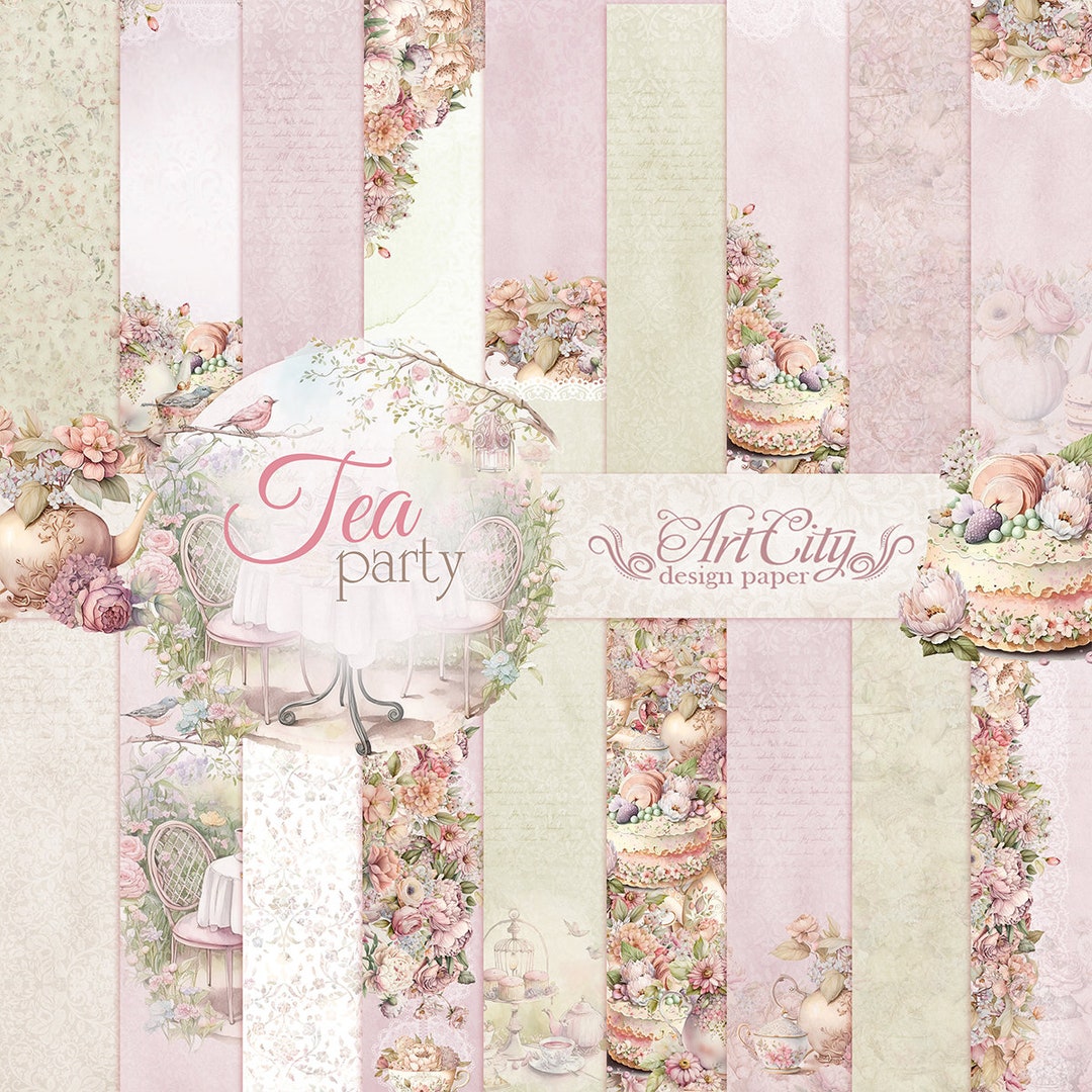 Tea Party Scrapbook Paper, Vintage Pastel Florals & Desserts, Shabby ...