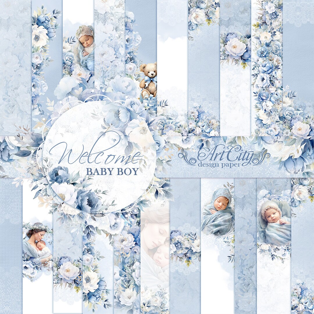 Baby Boy Scrapbooking Paper Pack - Light Blue Floral Digital Kit for ...