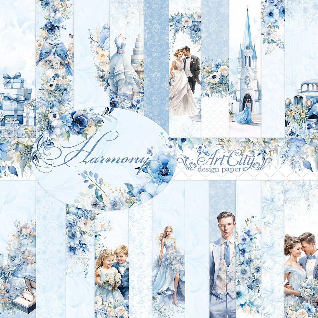 Elegant Pastel Blue Wedding Digital Paper Collection, Floral Patterns ...