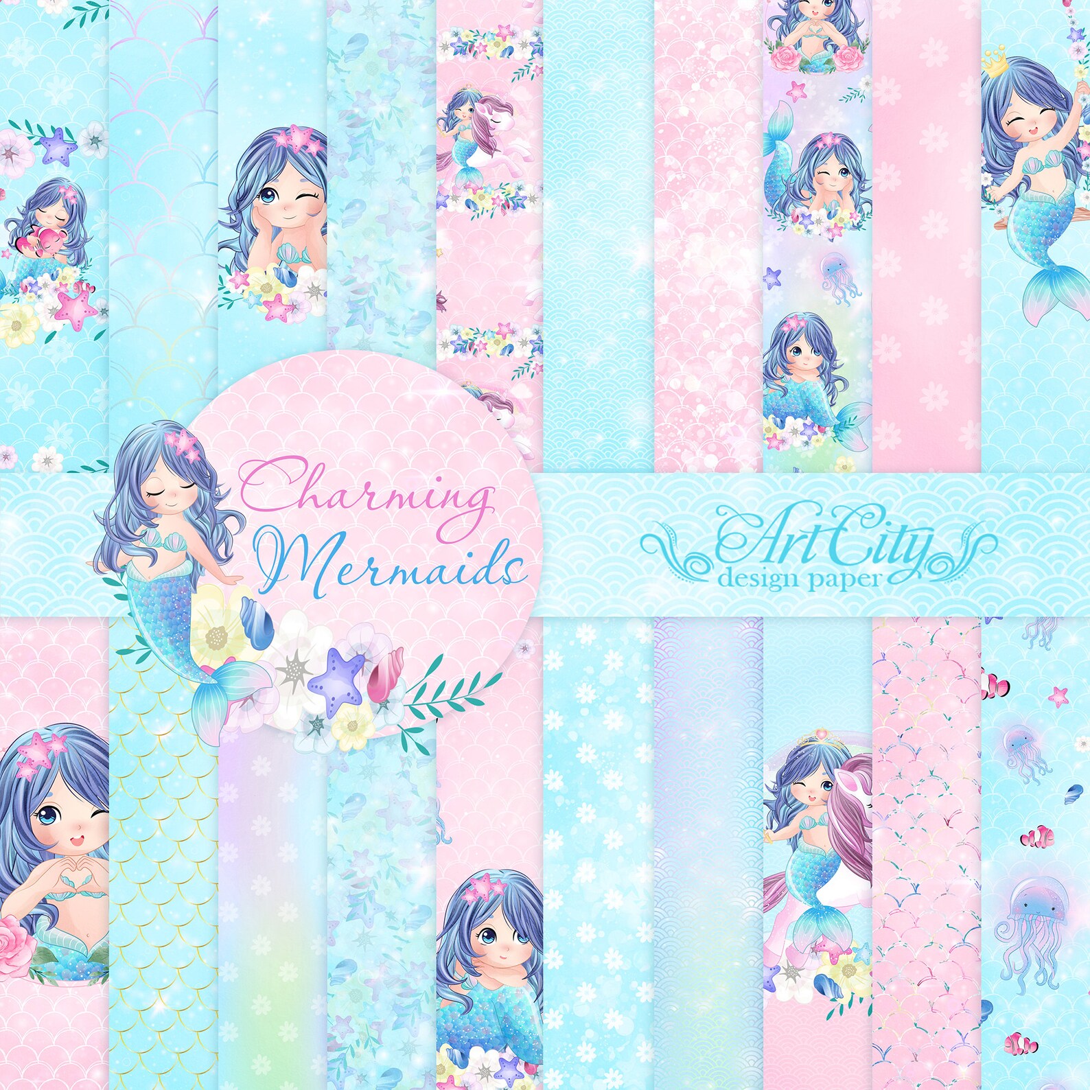 Little Mermaids Digital Paper Cute Children Collection Summer - Etsy