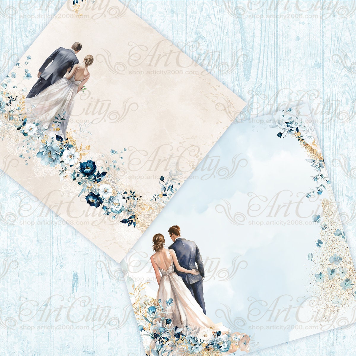 Bride and Groom Blue Wedding Digital Paper Golden Flower - Etsy